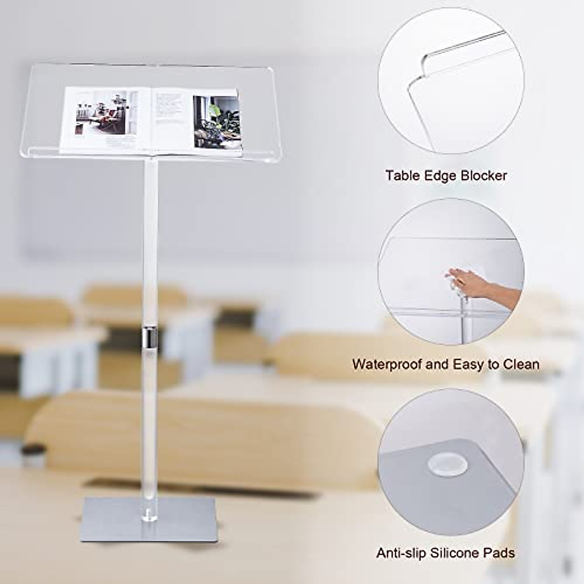 HMYHUM Acrylic Podium Stand, Angle Adjustable, Modern Lecterns & Pulpits for Classroom, Concert, Church, Speech, Easy Assembly, Metal Base, 23.6" L x 15.7" W x 42.3" H, Clear