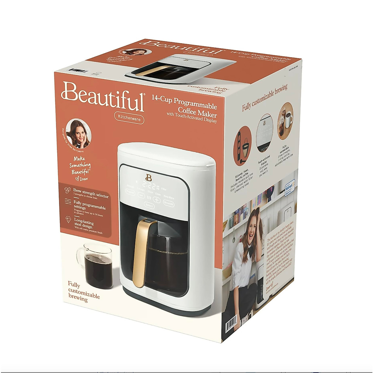 Touchscreen Coffee Maker, 14-Cup Programmable Coffee Maker with Touch-Activated Display, Kitchenware by Drew Barrymore (White Icing)