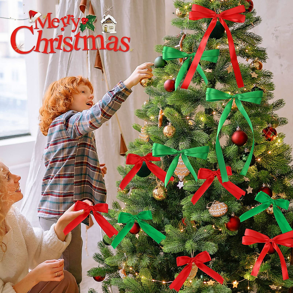 FEBSNOW 4 Rolls 100 Yards Christmas Ribbon, 0.6 Inch and 0.8 Inch Wide Holiday Red Green Satin Ribbons for Xmas Gifts Wrapping and Craft Decoration