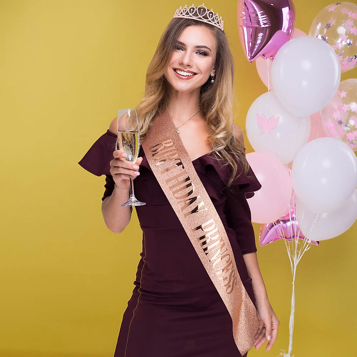 Rosavida 2-piece suit BIRTHDAY PRINCESS Sash and Rhinestone Tiara Kit Birthday Gifts Glitter Sash and Birthday Crowns for Women Girl Party Decoration (Rosegold)