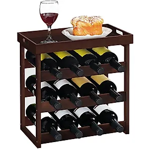 HOOBRO Bamboo Wine Rack, Wine Storage Cabinet Shelf with Detachable Tray, 3 Tiers 12-Bottle Wine Rack Countertop, Wine Bottle Holder Stand for Kitchen, Dining Room, Pantry, Brown BR23JJ01