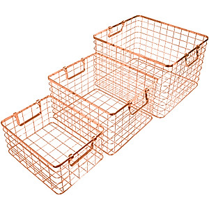 Set of 3 Nested Wire Basket Trays for Storage and Organizing (Rose Gold)