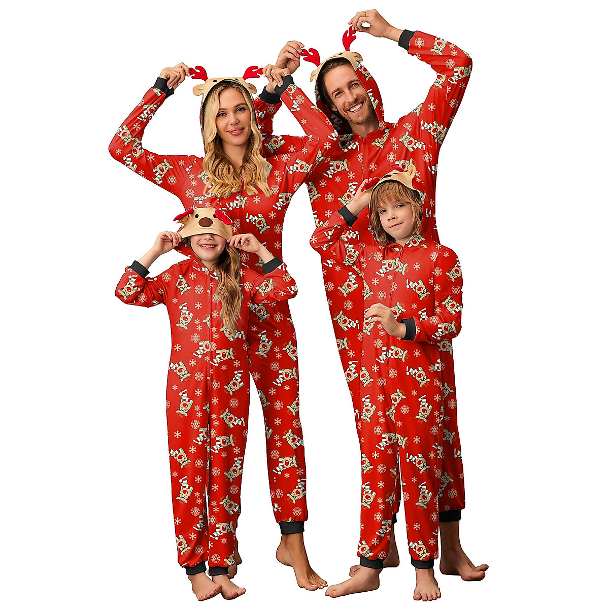 Ekouaer Christmas Onesie Matching Family Elk Antler Hooded Zipper One Piece Long Sleeve Pajamas with Pockets Reindeer Red XL