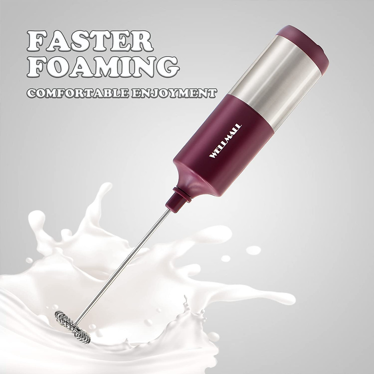 WELLMALL Milk Frother Handheld Battery Operated, Waterproof Electric Whisk Foam Maker for Coffee, Durable original Drink mixer for Latte, Cappuccino, Hot Chocolate, Stainless Steel Frother (RED)