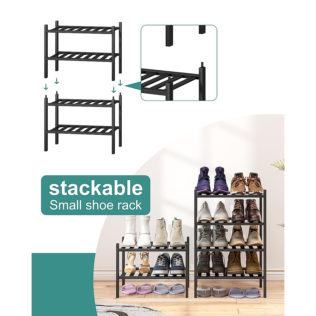 viewcare Black Small Shoe Rack for Entryway,2-Tier Bamboo Shoe Organizer for Hallway Closet, Free Standing Shoe Racks for Indoor Outdoor