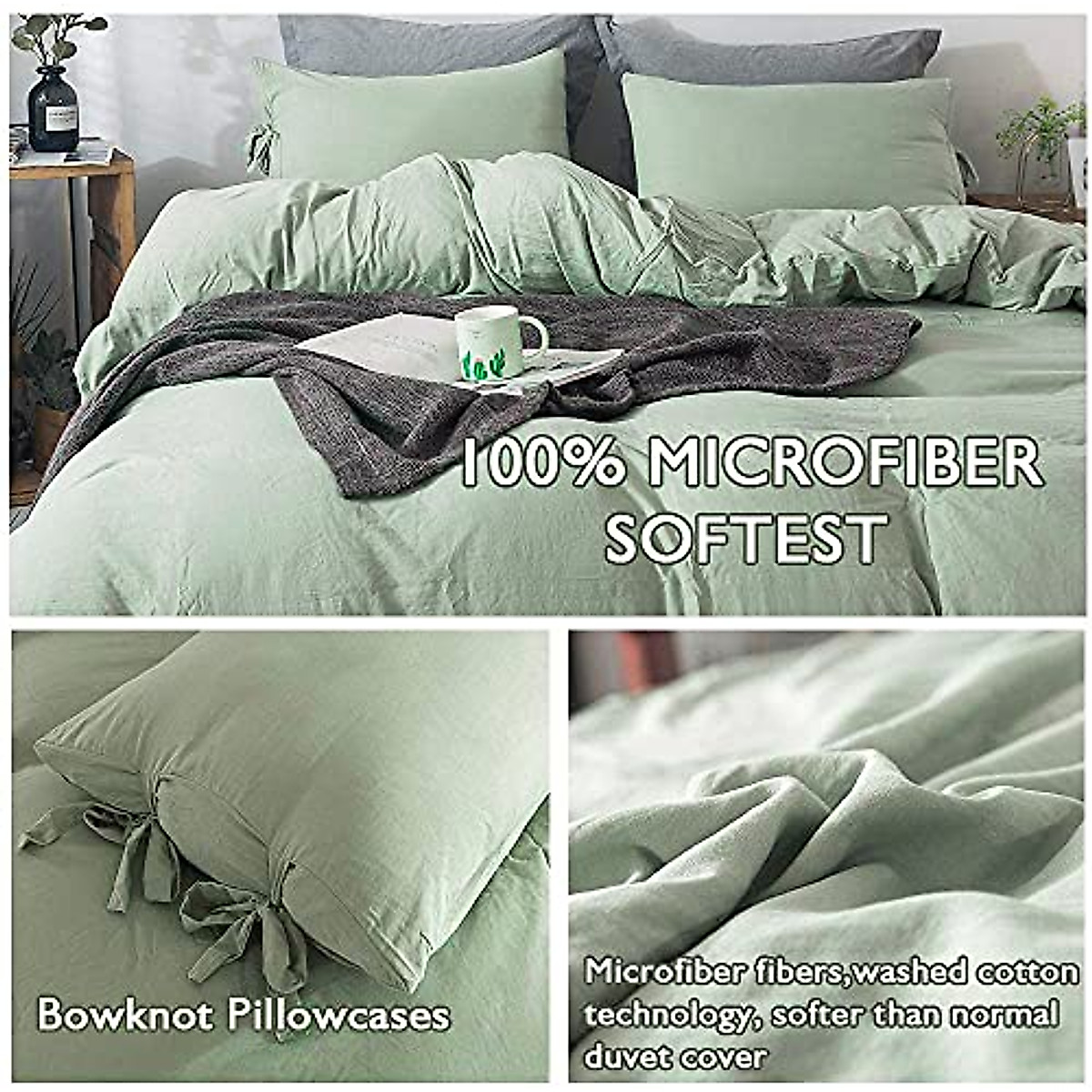annadaif Green Duvet Cover Twin Size, 2 Pieces Soft Washed Microfiber Duvet Cover Set, Comforter Cover with Bowknot Bow Tie (1 Duvet Cover 66x90 Inch, 1 Pillowcases) Easy Care Bedding Set