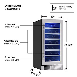 Zephyr Presrv 15 Inch Wine Fridge Single Zone Under Counter - Slim Narrow Wine Cooler Cellars Small Cabinet Wine Refrigerator Home Bar Chiller Freestanding with Glass Door - 27 x 750ml Bottles