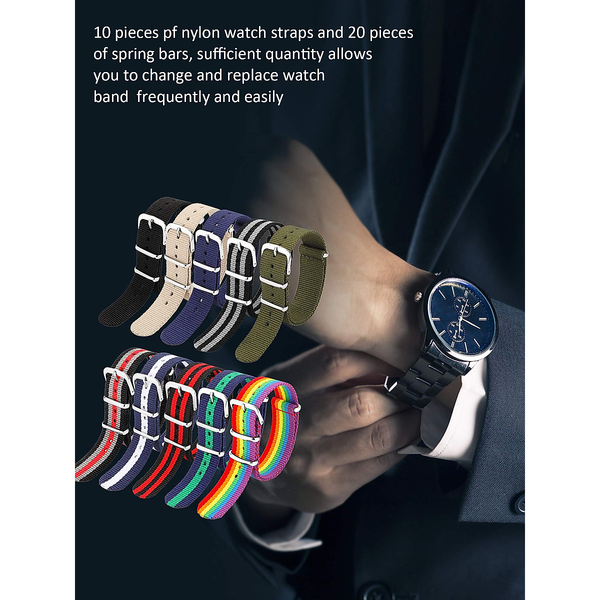 meekoo 10 Pieces Nylon Watch Strap Military Replacement Watch Band with Stainless Steel Buckle for Men and Women's Watch Band Replacing, 18 mm (Classic Colors)