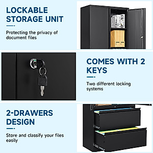 2-Drawer Metal File Cabinet, Lateral Vertical Filing Cabinets for Home Office, Locking File Cabinet with Storage Shelves, Legal/Letter/A4 Size Office File Cabinet, (Black, Assemble Required)
