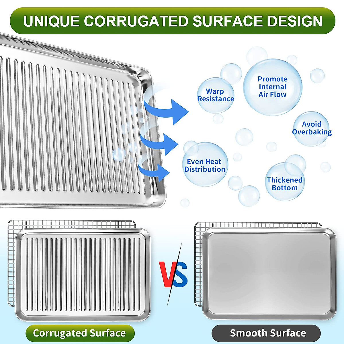 Baking Sheet with Wire Rack Set (2 Baking Pans + 2 Cooling Racks), CEKEE Stainless Steel Cookie Sheets for Baking Sheet Pan Tray, Jelly Roll Pan, Warp Resistant & Heavy Duty, Size 16 x 12 x 1 Inches