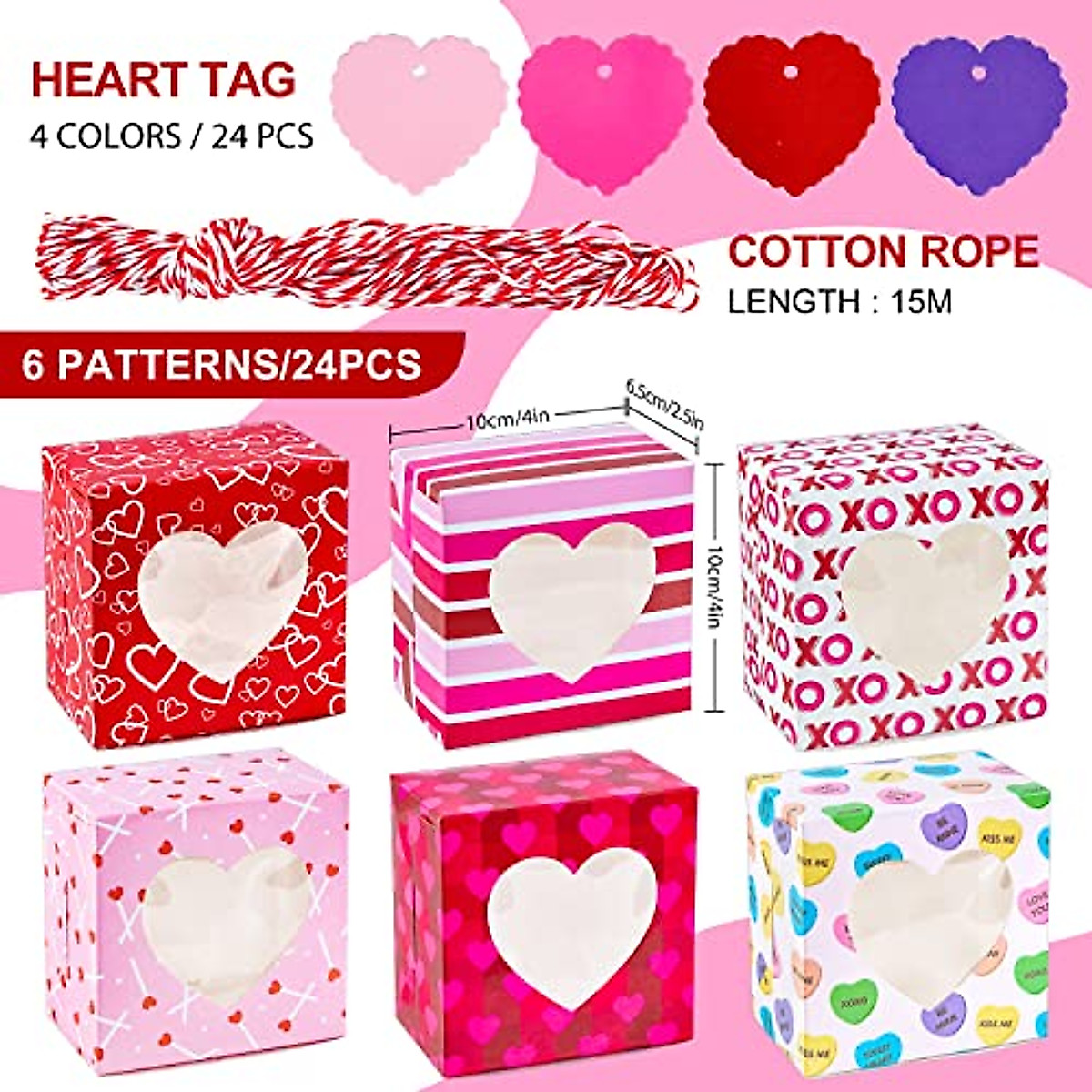Whaline 24Pcs Valentine's Day Treat Boxes with 24Pcs Gift Tag Cotton Rope 4 Design Red Pink Heart Cardboard Box with Window Valentines Paper Gift Container for Goodie Cookie Candy Sweet Party Favors