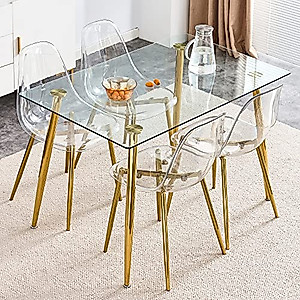 Clear Acrylic Ghost Chairs 4 Dining Chairs- Modern Dining Table Set, Cute Plastic Dinner Chair Set Armless Accent Side Desk Chair for Vanity Banquet Indoor Outdoor (Golden, Chairs Set of 4)