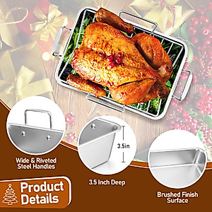 Joyfair 14-inch Roasting Pan with Rack, Stainless Steel Turkey Roaster Baking Pan & V-Shaped Rack for Chicken Meat Vegetable, Rectangular Lasgana Pan with Riveted Handle, Heavy Duty & Dishwasher Safe