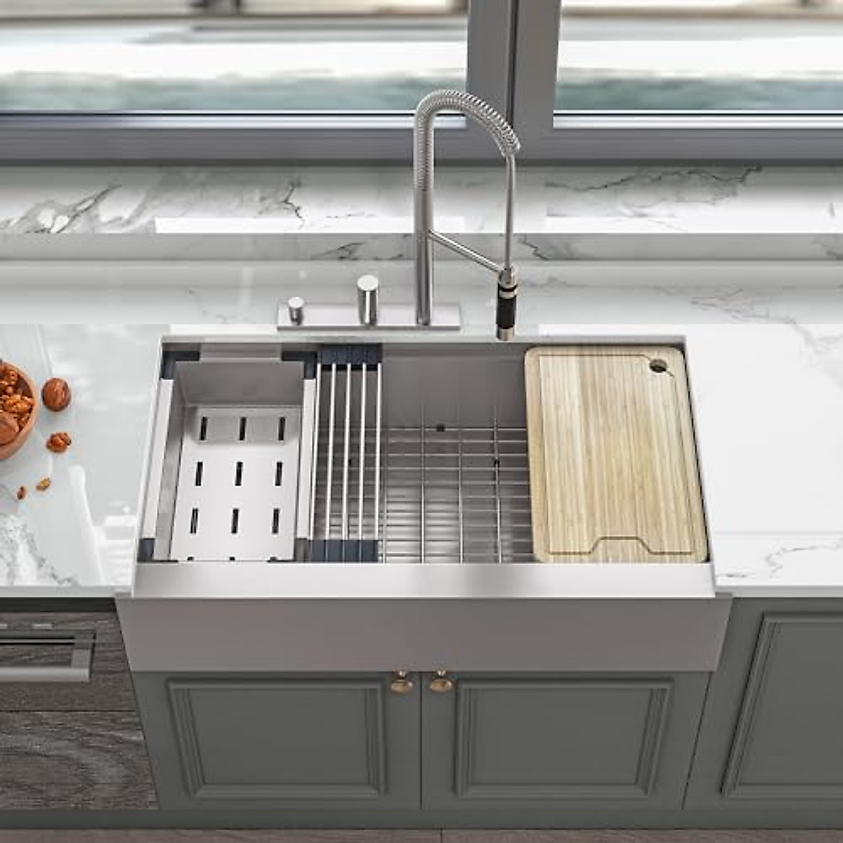 Sinber 36" x 20" x 10" Farmhouse Apron Single Bowl Workstation Kitchen Sink with 16 Gauge 304 Stainless Steel Satin Finish 6 Accessories KSS0006S-OJ