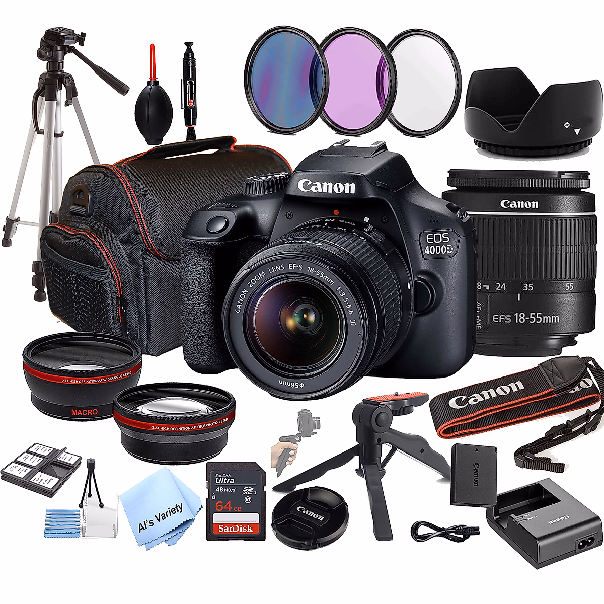Canon EOS 4000D (Rebel T100) DSLR Camera w/EF-S 18-55mm F/3.5-5.6 Zoom Lens + 128GB Memory + Case + Tripod + Filters (28pc Bundle)