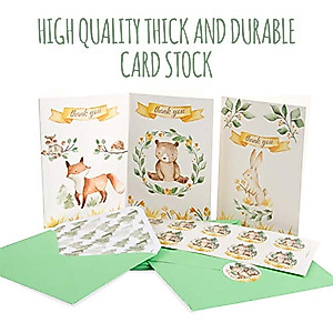 VNS Creations 30 Woodland Thank You Cards | Bulk Forest & Mountain Animals Thank You Notes with Matching Green Envelopes & Stickers | Small & Cute Notecards Perfect for Baby Shower and Kids Birthday.