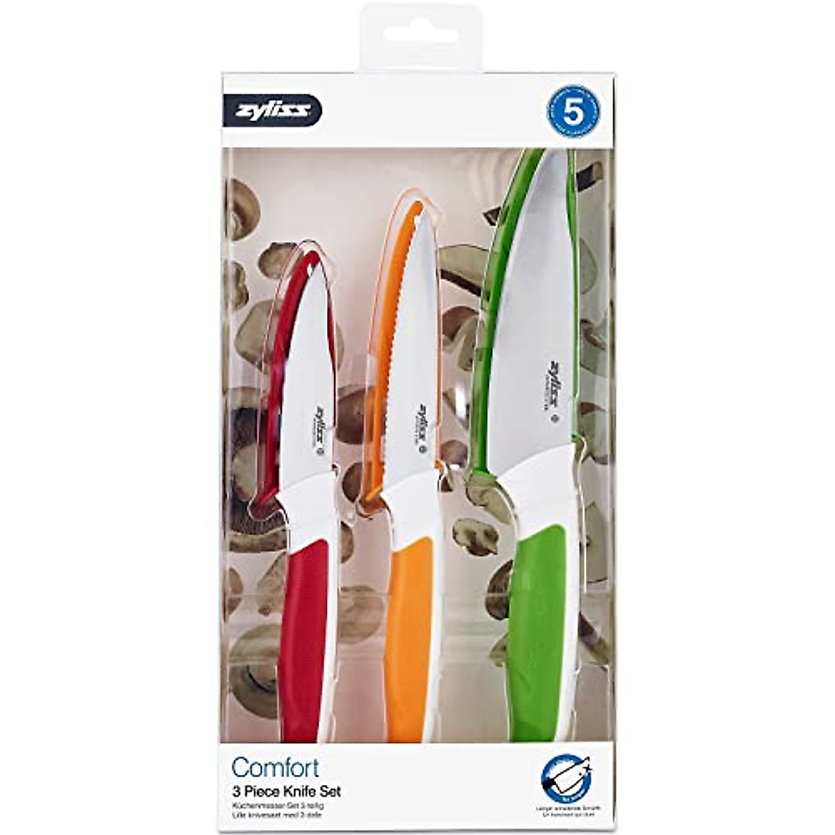 Zyliss E920240 Comfort 3 Piece Knife Set, Multiple Sizes, Japanese Stainless Steel, Multicolour, 3 x Kitchen Knives with Protection Covers, Dishwasher Safe