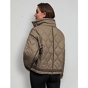 Seetaa Quilted Puffer Jacket Womens Stand Collar Full-Zip Outerwear Puffy Coats Jacket with Pockets(Brown-XL)