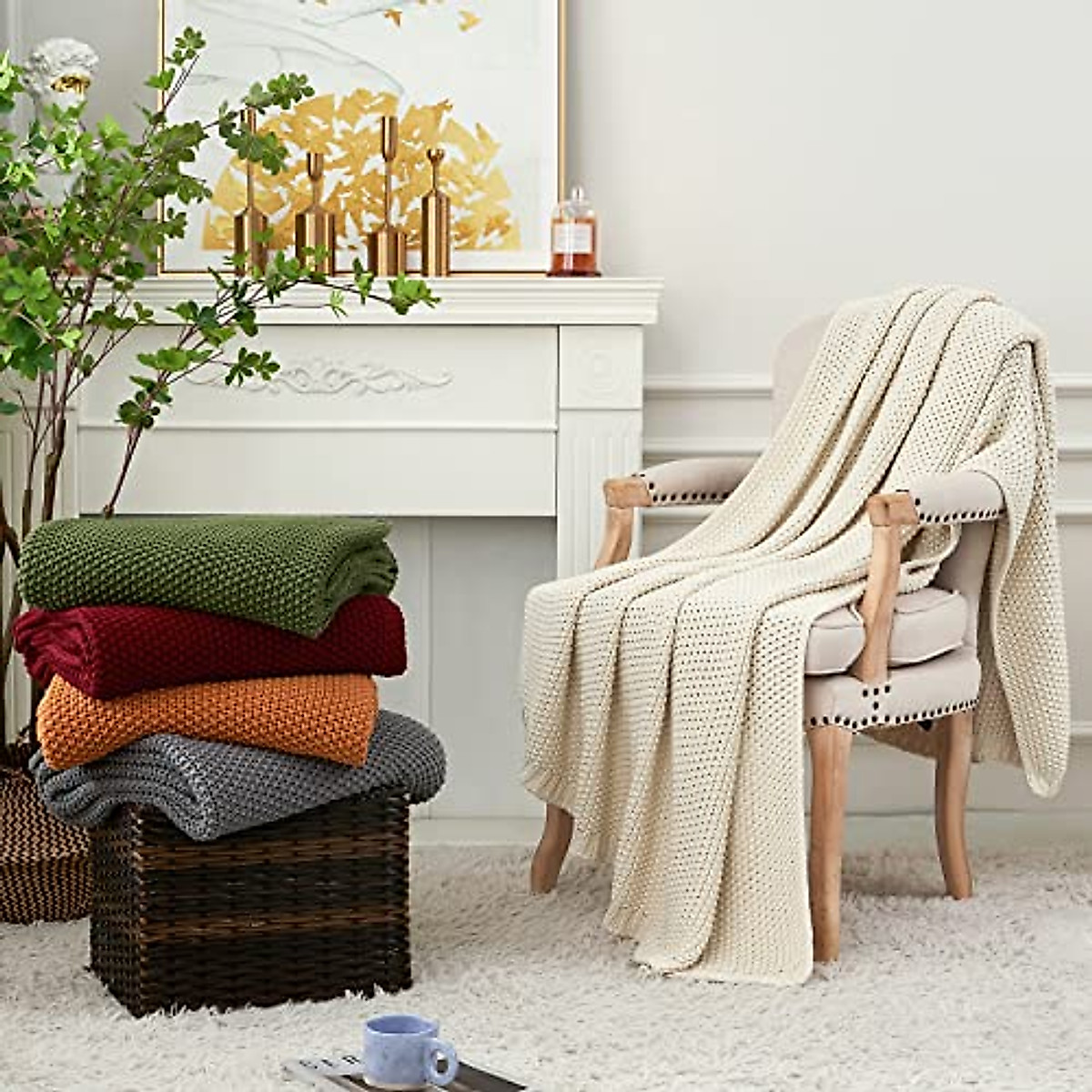 Longhui bedding Chunky Cable Knit Throw Blanket Lightweight Cream 100% Organic Cotton Blanket for Sofa Couch Bed Baby Nursery, Rustic Shabby Chic Modern Farmhouse, 60” x 80” Give Laundering Bag