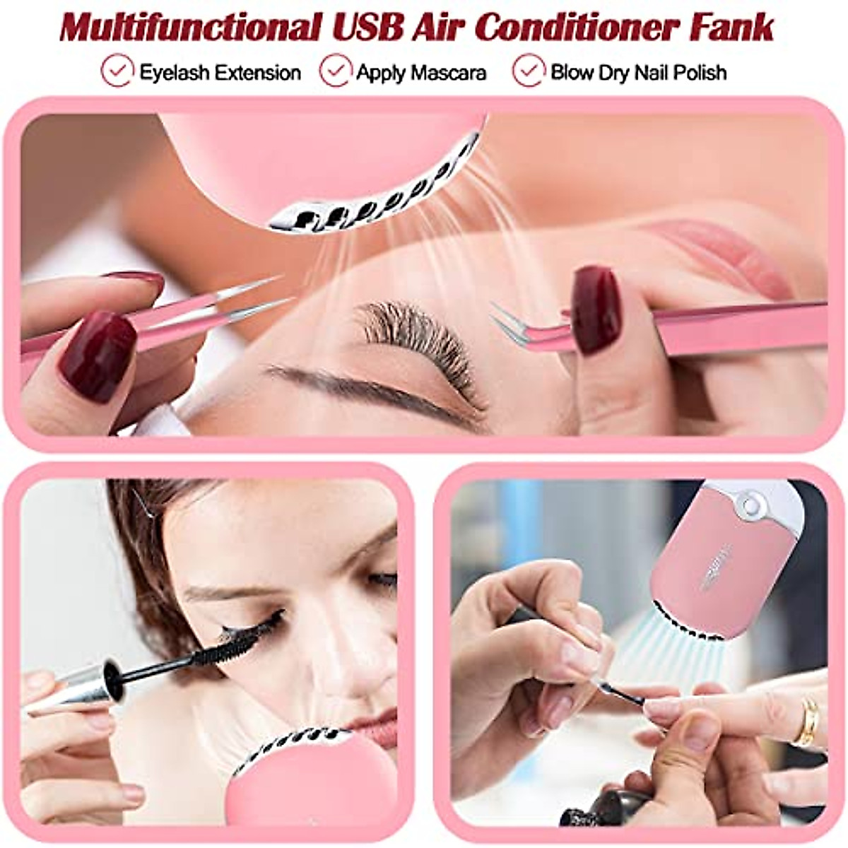 Eyelash Extension Supplies USB Air Conditioning Blower Facial Mister Lash Tweezers Mirror Mascara Brush Lash Shampoo Brush Bottle Silicone Pad Glue Rings Under Eye Gel Pads Micro Applicators Tapes