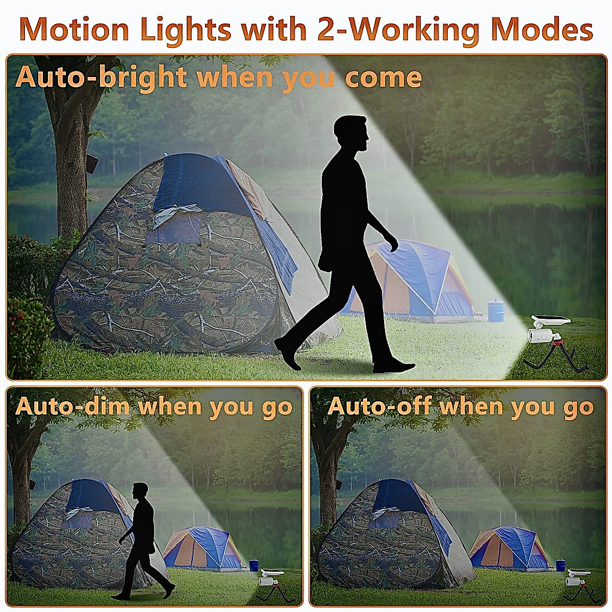 Camping Motion Sensor Light Outdoor Waterproof Aluminum, 9W 1400LM (130W Equi.) Solar Camping Lights, Solar Power Motion Sensor Flood Led Spotlight for Camp Porch Deck Path Patio Yand Post Step