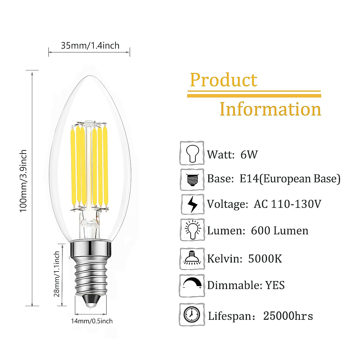 Lamsky E14 Dimmable LED Bulb,110V 600Lumens 60W Equivalent Daylight White 5000K,E14 European Base Candelabra LED Bulbs,Chandelier LED Edison Bulbs,Clear Glass Torpedo Shape Bullet Top(10-Pack)