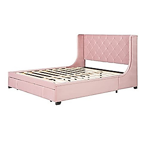 FIQHOME Queen Size Storage Bed,Velvet Upholstered Platform Bed with Wingback Headboard,Solid Wood Bed Frame with a Big Drawer,for Bedroom Guestroom,Easy Assembly,Pink
