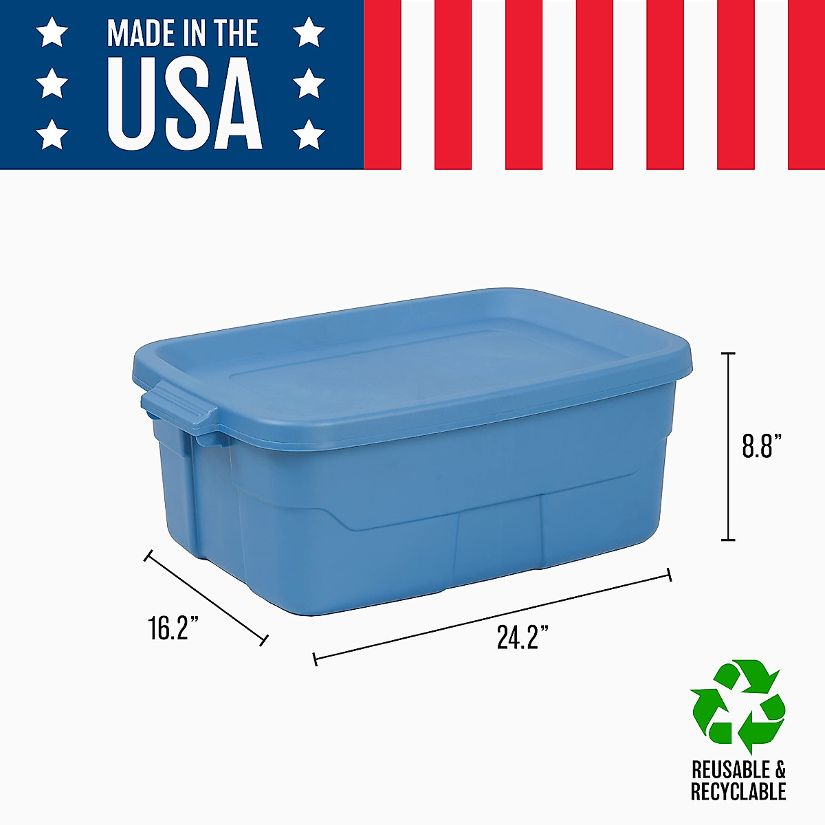 CX Rugged Tote, 10-Gallon Rugged Storage Container & Standard Snap Lid, (8.8”H x 24.2”W x 16.2”D), Stackable Organization Tote [4 Pack]