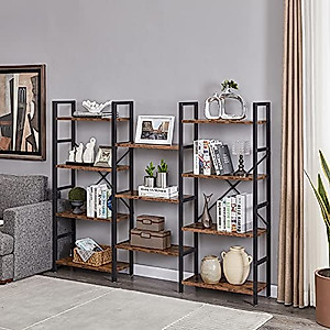 SUPERJARE Triple 4 Tier Bookshelf, Bookcase with 11 Open Display Shelves, Wide Book Shelf Book Case for Home & Office, Rustic Brown
