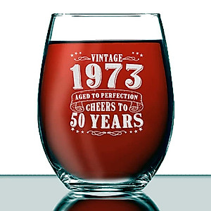 JohnPartners993 50Th Birthday Aged To Perfection - Vintage 1973 Engraved Wine Glass - 1973 50Th Birthday Gifts For Men - Vintage Wine Glasses - Present Ideas For Her Him