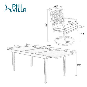 PHI VILLA Patio Dining Set 7 Pcs 1 Extendable Dining Table and 6 Swivel Chairs Support 300 lbs for Outdoor Backyard Bistro Furniture Set with Cushion