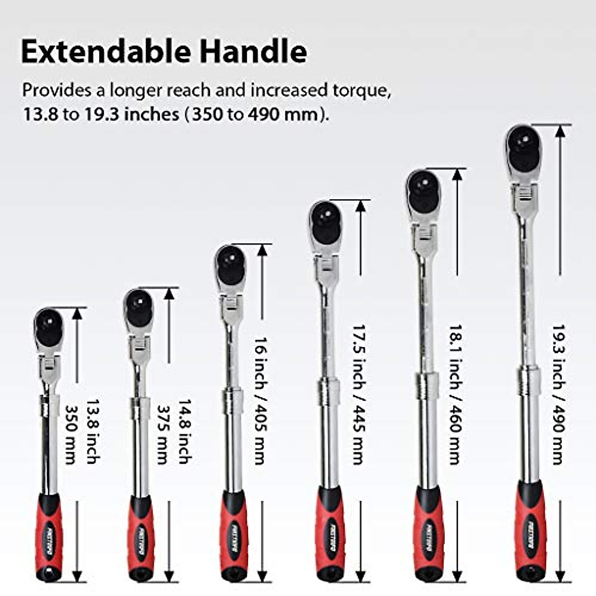 FIRSTINFO F3222ND 1/2-Inch Drive Locking & Flexible Extendable Ratchet Wrench Reversible,Soft-Grip with 72-Tooth Geared Action (Length: 13.8-19.3 Inches)