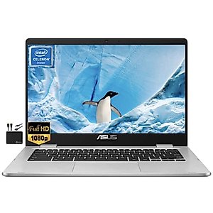 2022 Newest ASUS Chromebook 14" FHD Nano-Edge Display Light Laptop, Intel Celeron N3350 (Up to 2.4GHz), 4GB RAM, 32GB eMMC, HD Webcam, WiFi, HDMI, 802.11ac, Bluetooth, USB-C,Chrome OS, w/MarxsolCables