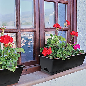 QPEY Window Box Planter, 10 Pack 17 Inch Plastic Flower Box with Tray Rectangular Planters for Outdoor Indoor Plants Garden Home Decor (Black)