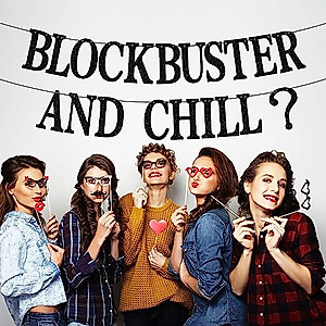 BLOCK BUSTER AND CHILL Banner, Back To 80s 90s, 80‘s 90’s Themed Birthday Party Decorations - Black Glitter