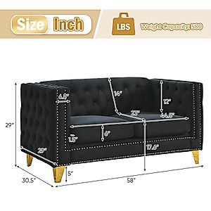 58-Inch Velvet Loveseat Sofa, Comfy Couch for Living Room, Modern Sofa with Tufted Back and Rivet Decoration, Upholstered Small Love Seat with Solid Golden Metal Tapered Legs, Black