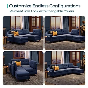 LINSY HOME Modular Sectional Sofa, Velvet Sectional Sofa Couch with Memory Foam, L Shape 5 Seat Modular Sectionals with Ottomans, Sleeper Sofa Couches with Chaise for Living Room, Blue