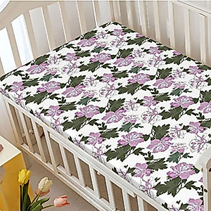 Peony Themed Fitted Crib Sheet,Standard Crib Mattress Fitted Sheet Toddler Bed Mattress Sheets-Great for Boy or Girl Room or Nursery,28“ x52“,Lilac Army Green Pale Purple Reseda Green