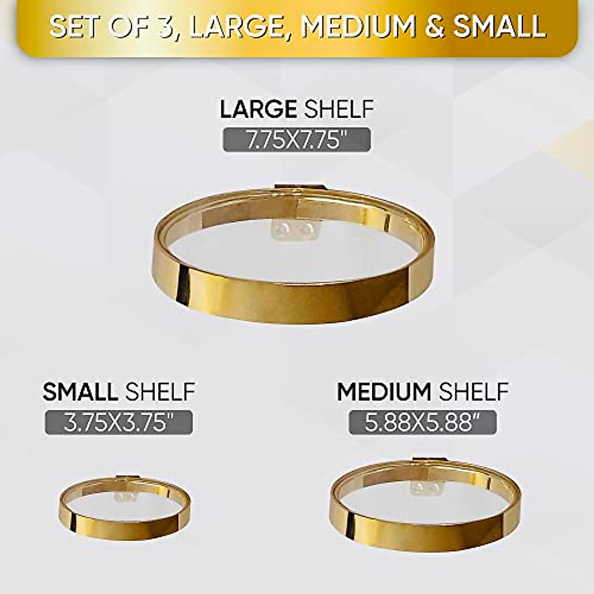 YOLS Small Floating Shelf. Round Gold Metal Frame with Clear Acrylic. 3 Piece Set, Large 7.75, Medium 5.88, Small 3.75 inches.