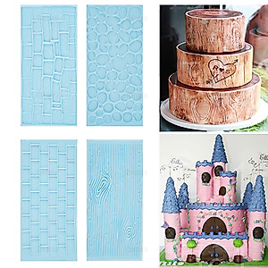 AUEAR, 6 Pack Fondant Impression Mat Mold Set Brick Wall Flower Cobblestone Embossed Tree Bark Stone Wall Texture Design for Cupcake Biscuits Top Edging Decoration