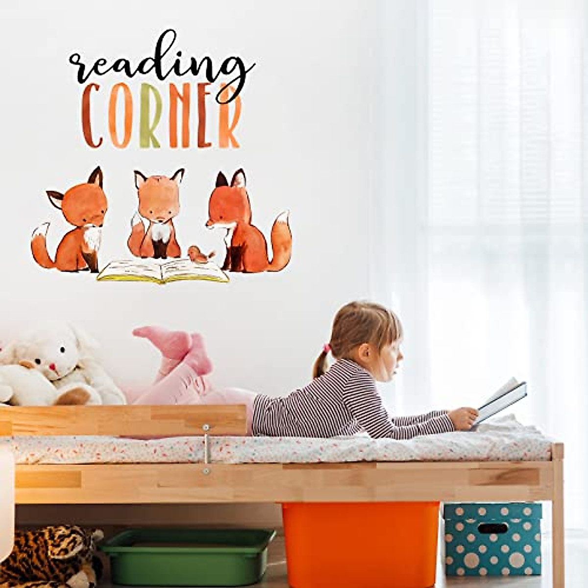 Mfault Foxes Reading Corner Baby Boys Girls Wall Decals Stickers, Removable Woodland Animals Read Books Nursery Playroom Decorations Bedroom Classroom Art, Bird Kids Library Toddler Room Decor