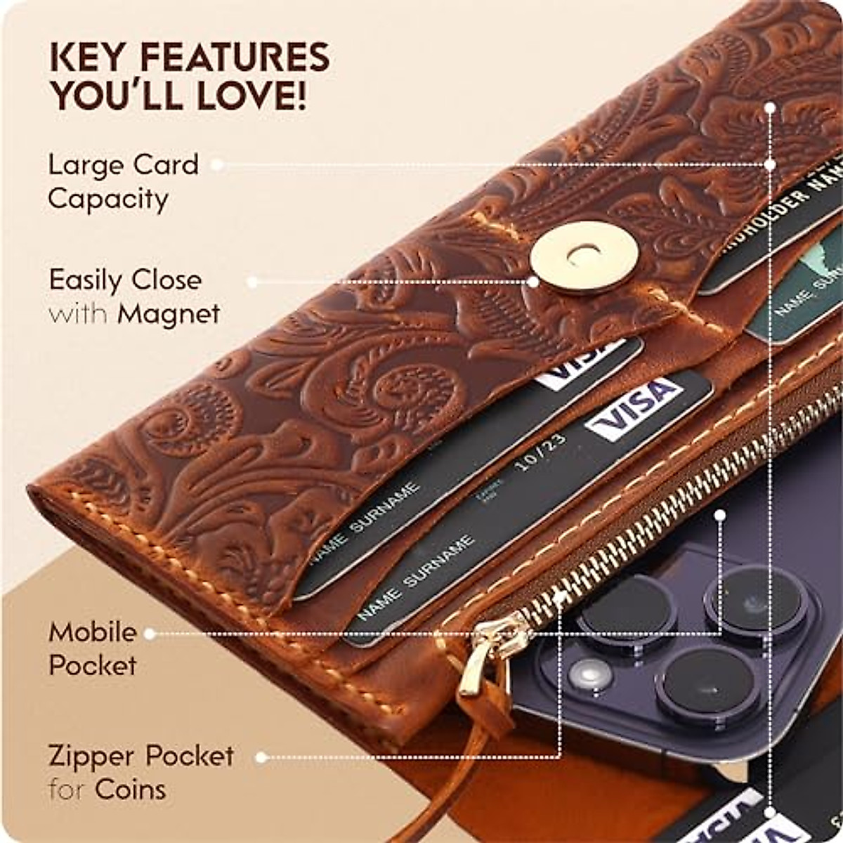 Toros Craft Handmade Western Wallets for Women, Genuine Tooled Leather & Long Credit Card Holder, Cowhide Slim Cell Phone Case, Large Capacity, Cute Clutch & Purse & Handbag (Camel)