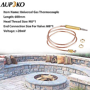 Aupoko Universal Gas Thermocouple, 600 mm Length, M8x1 End Nut and Head Tip Fit for BBQ Grill or Fire Pit Heater or Gas Water Heater