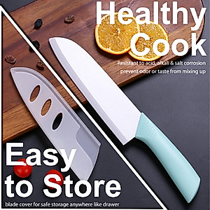 Rynal Ceramic Knife Santoku Knife Meats Fruits Vegetables Knife - Sharp Ceramic Kitchen Knife with Sheath Cover - 7 Inch Aqua