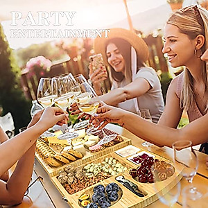 Cheese Board Charcuterie Board Set - Swiveling Wine Meat Cheese Platter Bamboo Cheese Server with Knives, Forks, Wine Opener, Ceramic Bowls for Gathering Party - Warming Gift for Women Friend