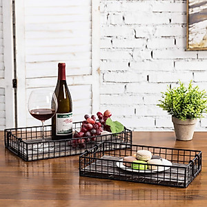 MyGift Black Metal Large Serving Tray, Wire Basket Style Nesting Ottoman Trays with Burnt Wood Base and Handles, Set of 2