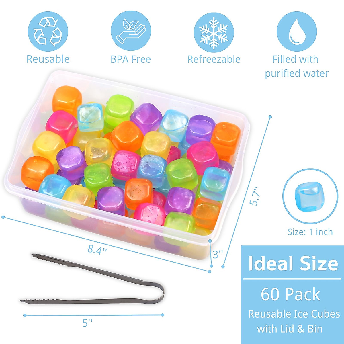 Reusable Ice Cube with Lid & Bin, 60 Pack Plastic Ice Cubes for Drinks BPA Free, Colorful Refreezable Square Ice Cubes for Water Bottles, Whiskey, Vodka, Coffee, Beer or Wine, Non-Diluting