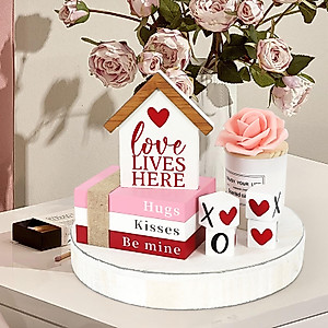 DAZONGE Valentines Day Decor, 6PCS Valentine Tiered Tray Decor, Be Mine Book Stack, XOXO, Love Lives Here House Valentine Signs, Freestanding Valentines Table Decorations for Wedding, Anniversary Events
