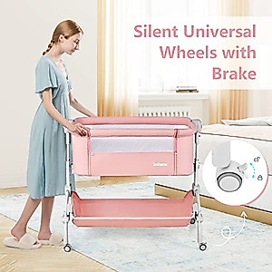 INFANS 3 in 1 Baby Bassinet, Bedside Sleeper, Rocking Cradle, Easy Folding Portable Safer Co-Sleeping Crib with Height Angle Adjustable, Wheels Storage Basket Travel Bag for Infant Newborn (Pink)