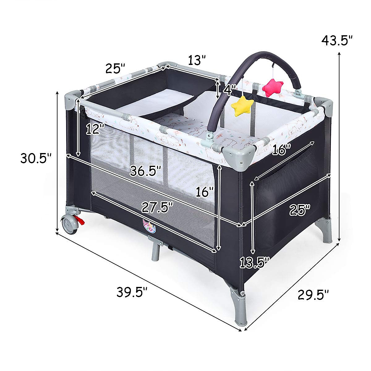 BABY JOY Pack and Play, 3 in 1 Double Layer Portable Baby Playard with Bassinet, Changing Table, Lightweight Installation-Free Playpen with Large Capacity Storage Shelf, Oxford Carry Bag (Bear)